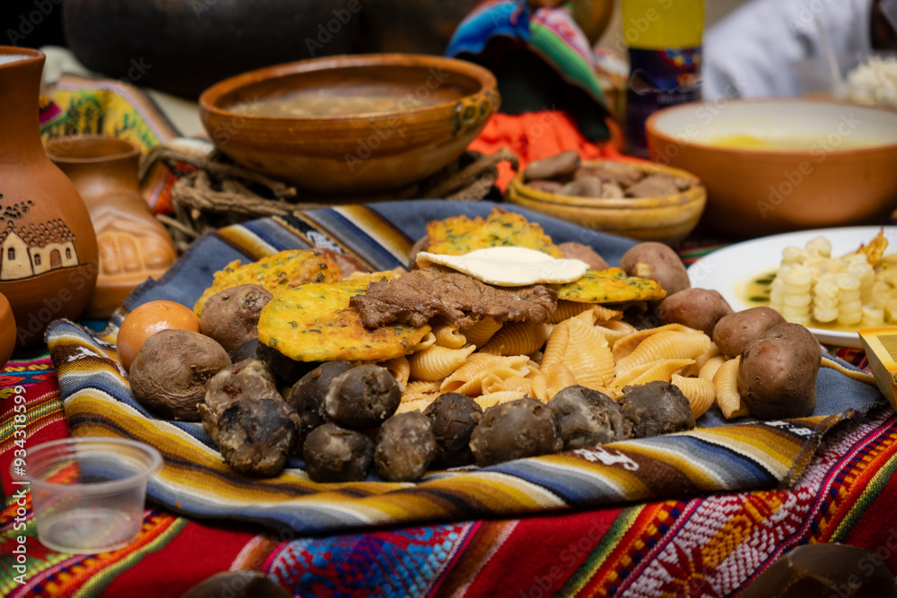 traditional bolivian and aymara food on cloth called aguayo - concept ...