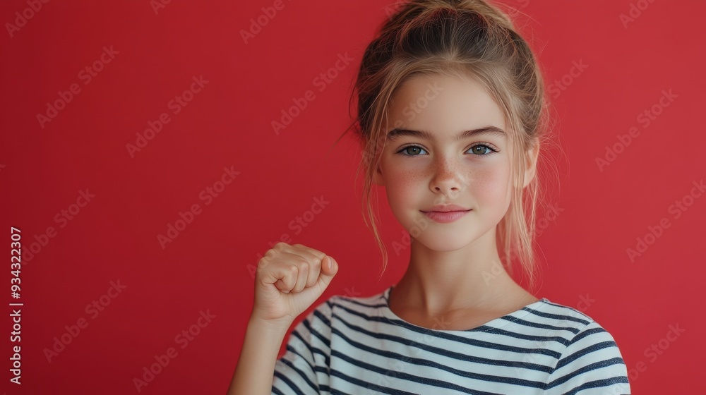 Young girl raising her fist against a red background in a cheerful pose ...