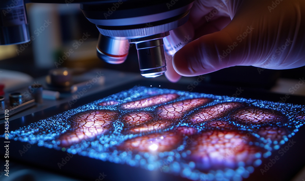 High-resolution image of artificial skin cells under a microscope, displaying intricate cellular ...