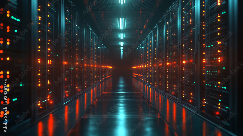 Data center. Rows of servers in a modern data center, high technology ...