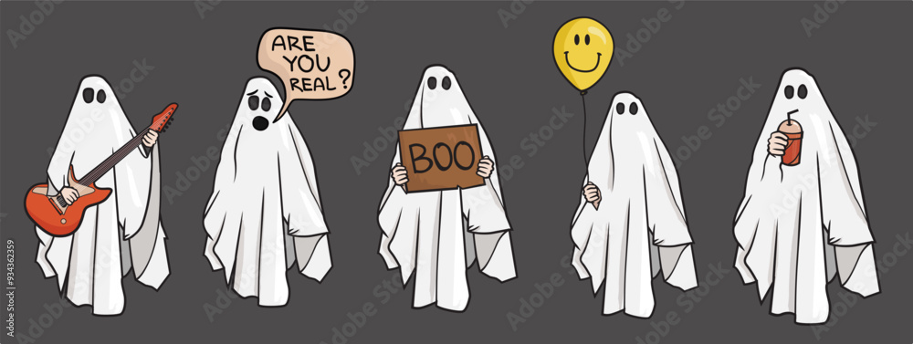 Set of 5 different funny ghosts for halloween. Ghost with electric ...