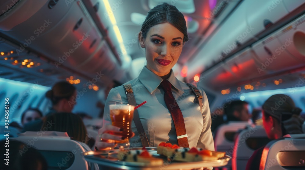 A flight attendant presents a tray of snacks and drinks to passengers ...