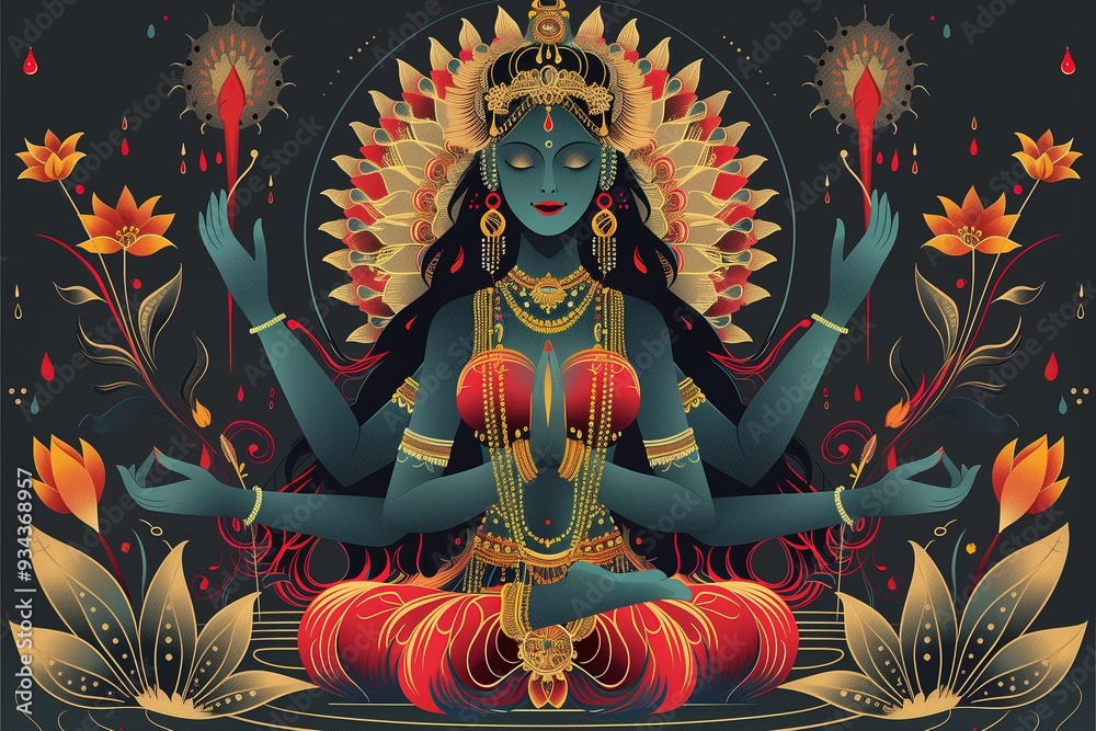 Six armed blue skinned Kali form of goddess Parvati meditates in lotus ...
