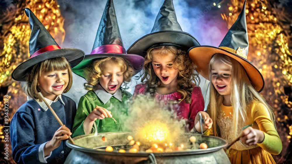 Four young children dressed as witches, gathered around a bubbling ...