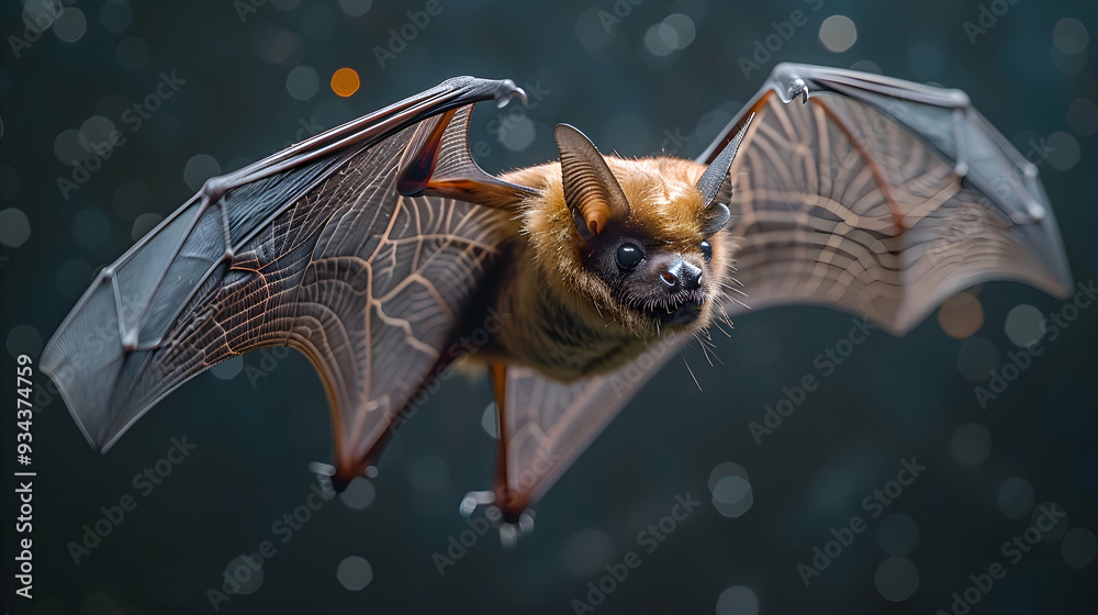 Amazon Choco Broad-nosed Bat flying through the night sky, its wings ...