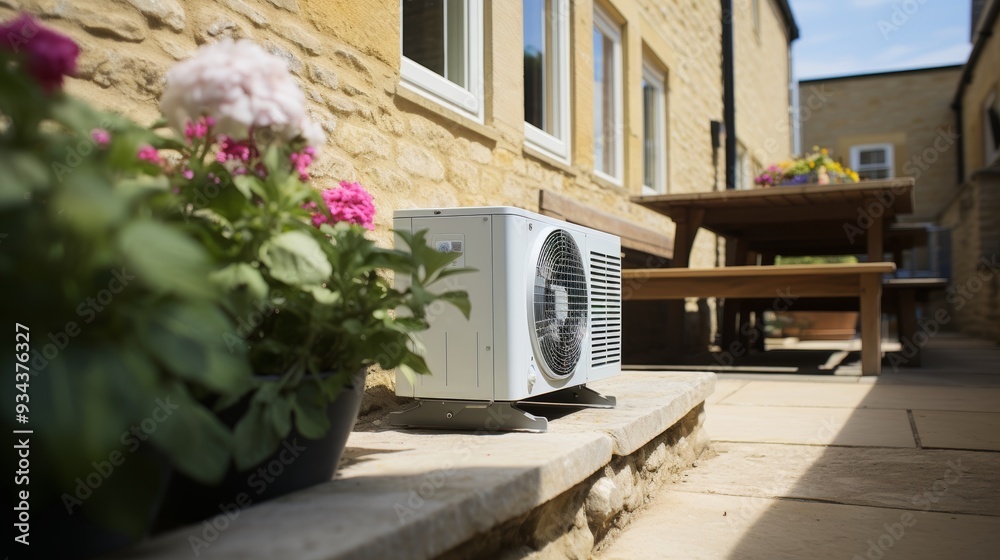 Outdoor installation of an air source heat pump heating unit by a ...