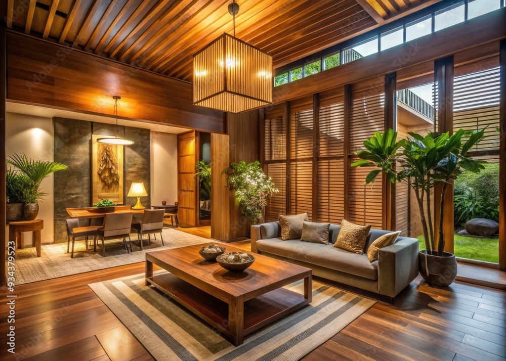 Warm lighting from a modern lamp illuminates a cozy wood interior space ...