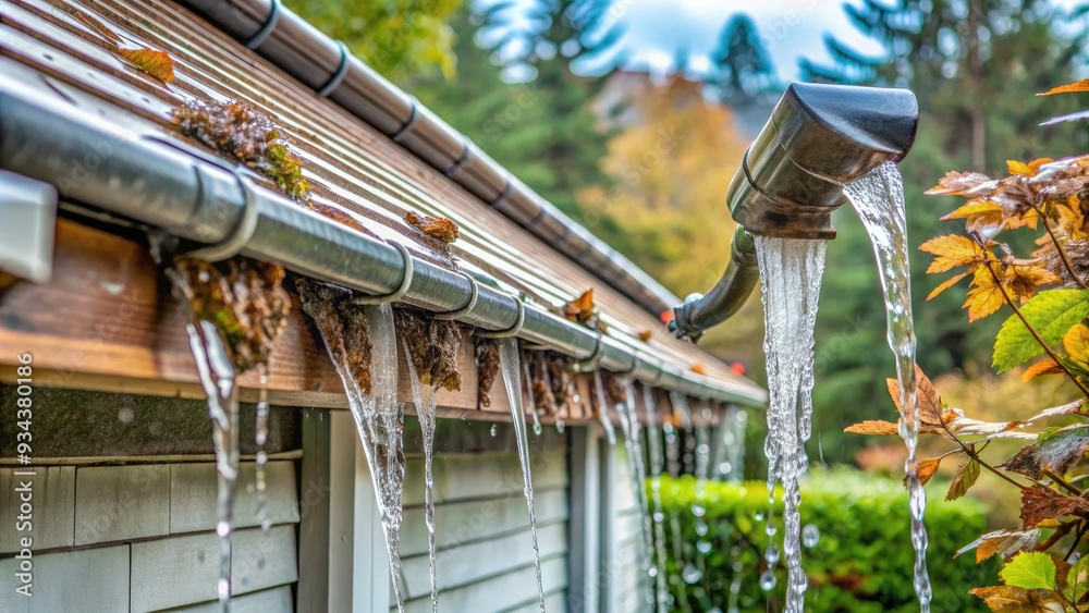 Water overflowing from clogged gutters pours down the side of a ...