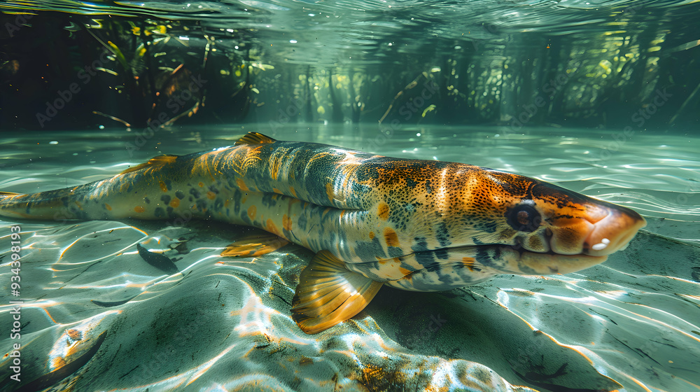 Amazon Forest Eel swimming in a clear river, its elongated body and ...