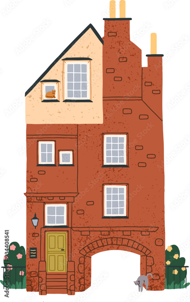 Old house building from red brick. English home exterior, facade in ...