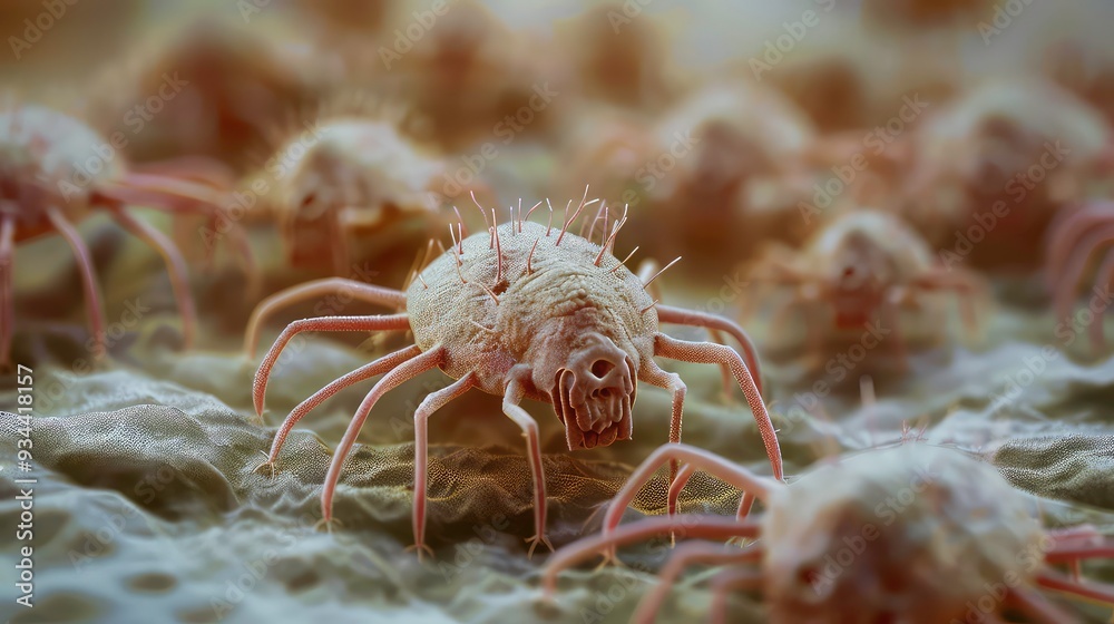 A close-up microscopic view of a dust mite crawling on a surface. The ...