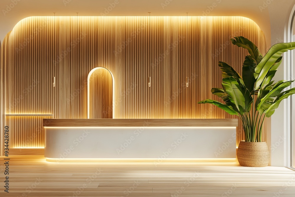 An interior design of a luxury hotel lobby zone with reception desks ...
