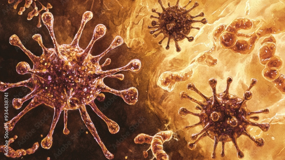Watercolor depiction of rabies virus and dark cancer T cell Beige virus ...