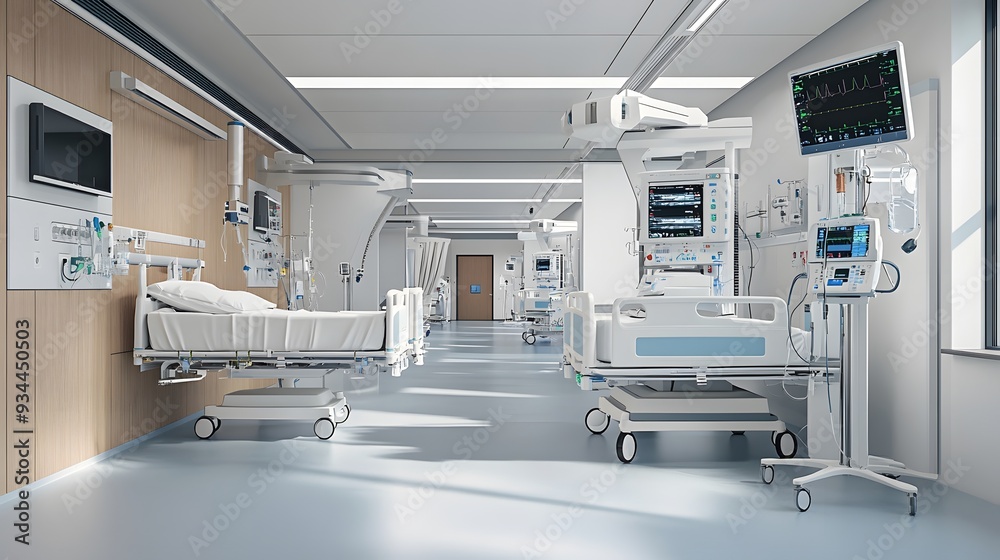 An image of a modern hospital room equipped with advanced medical ...