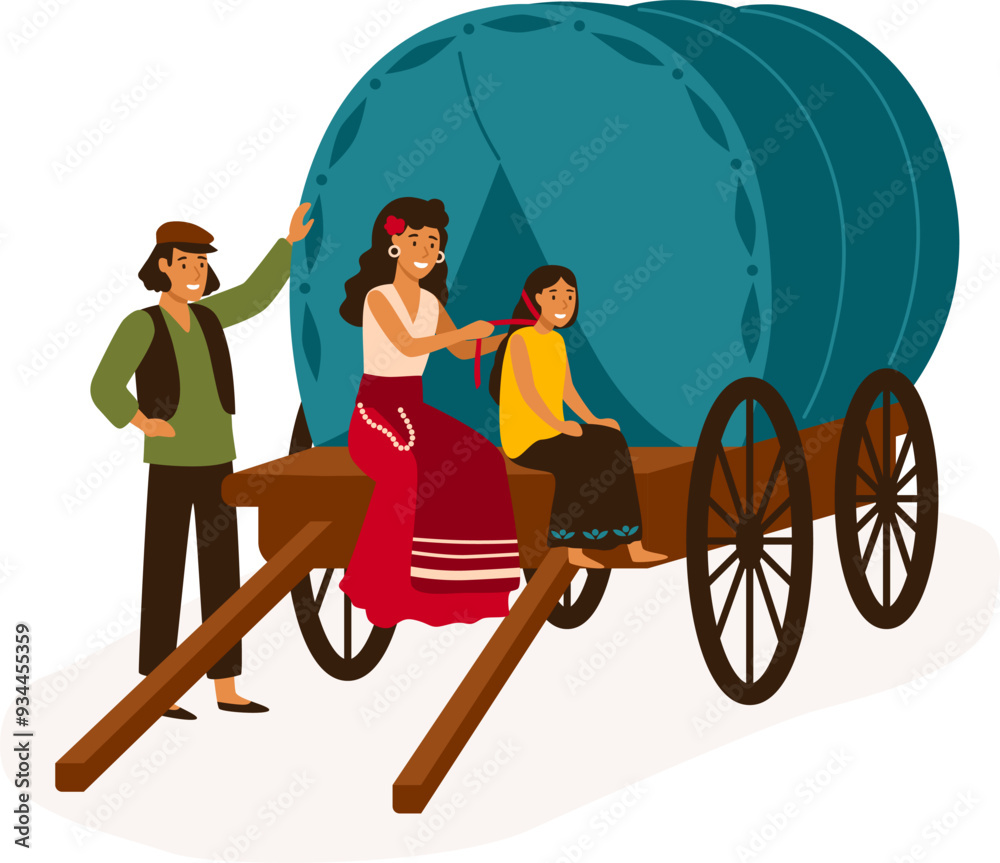 Gypsy family sitting on wagon flat vector illustration. House on wheels ...
