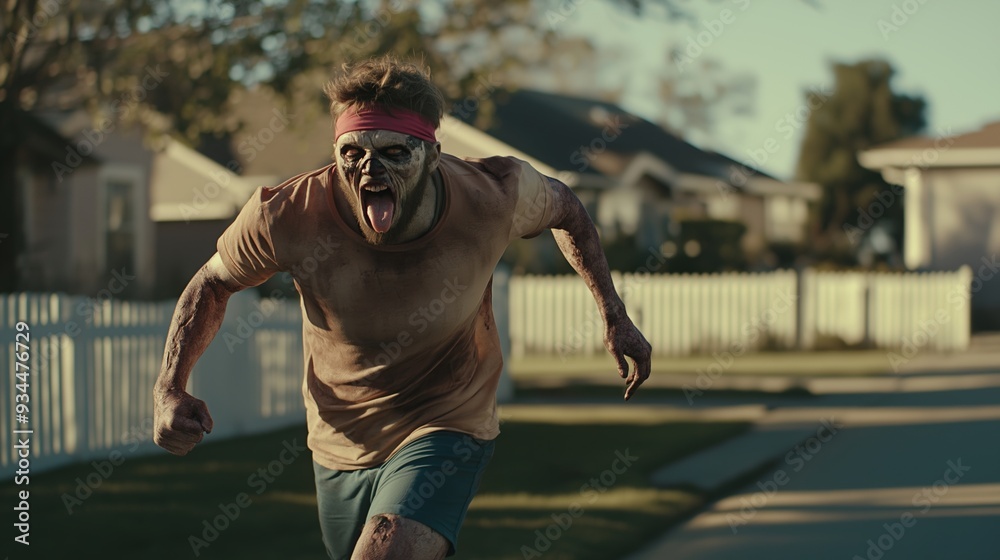 Scary zombie with blood and exposed flesh is running down a ...