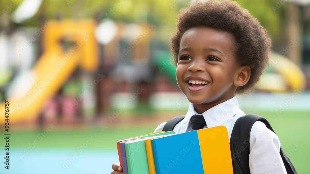 Smiling young boy in a school uniform happily carries books in the ...