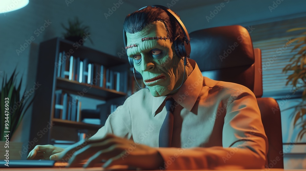 Frankenstein's monster works late in a dim office, feeling stressed and ...