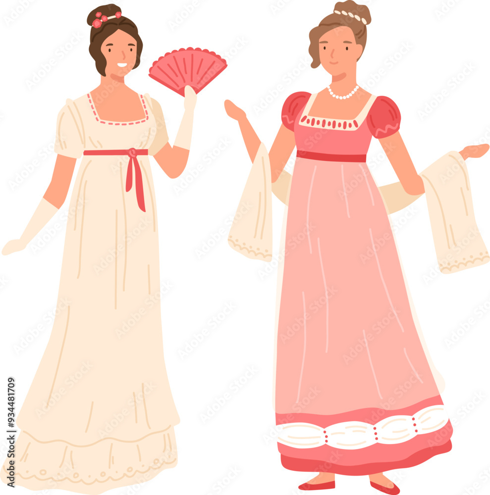 Young women wearing retro dresses in 19th century style. Beautiful ...