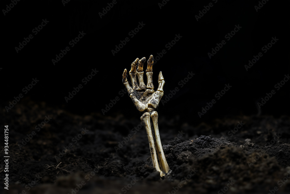 Photo & Art Print A skeleton hand emerges from dirt and soil as if from ...