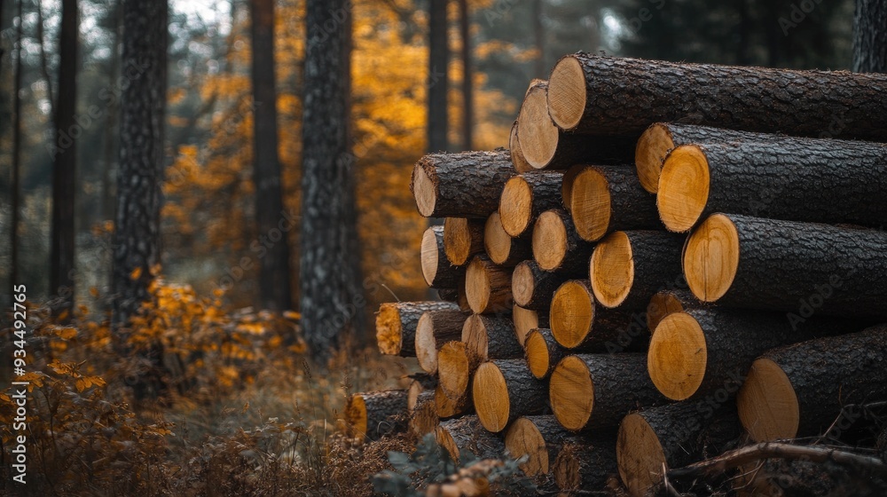 A stack of logs in a forest. This photo shows the effects of logging in ...