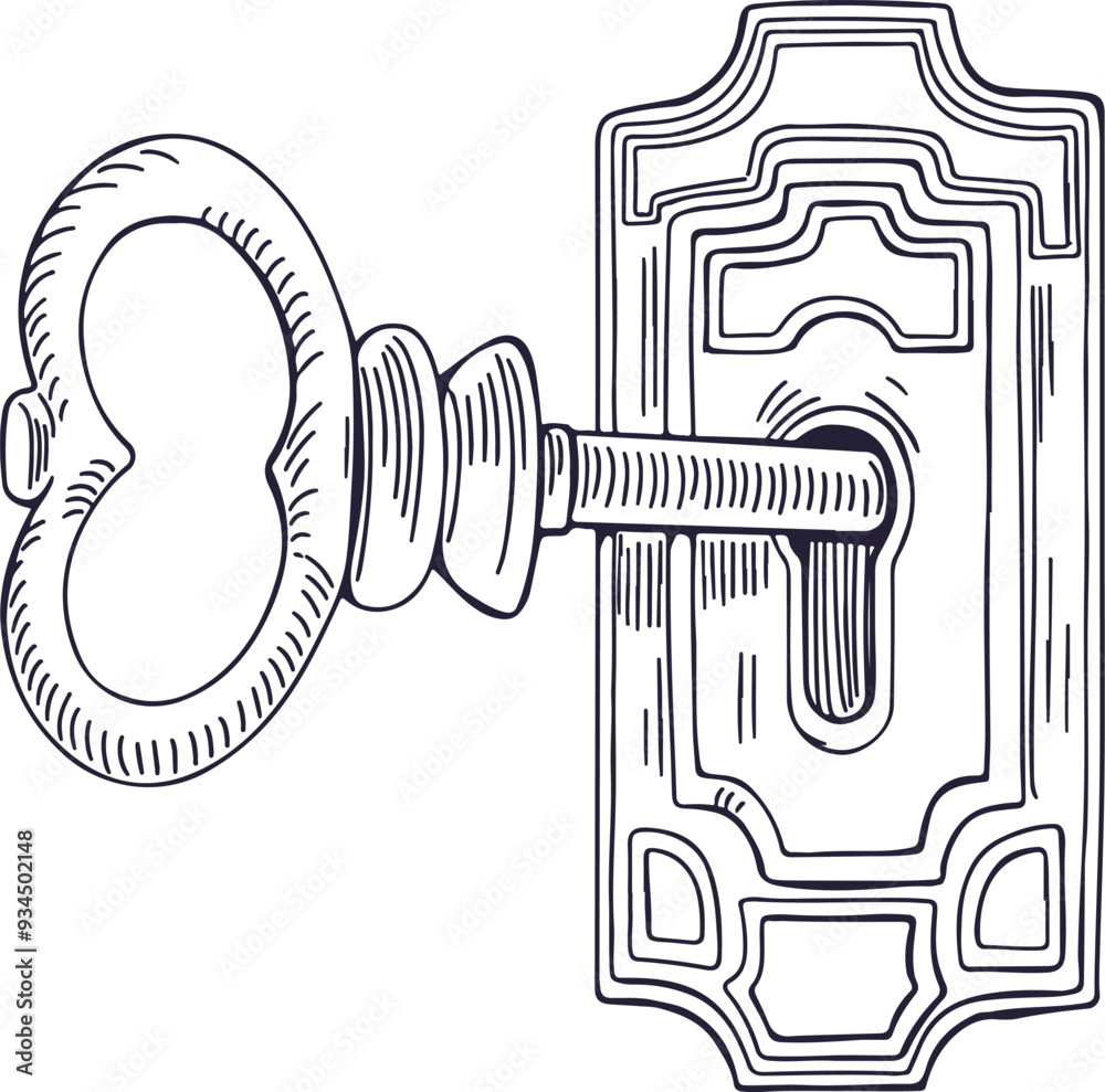 Old etched key inside lock, keyhole unlocking ancient door. Outlined ...