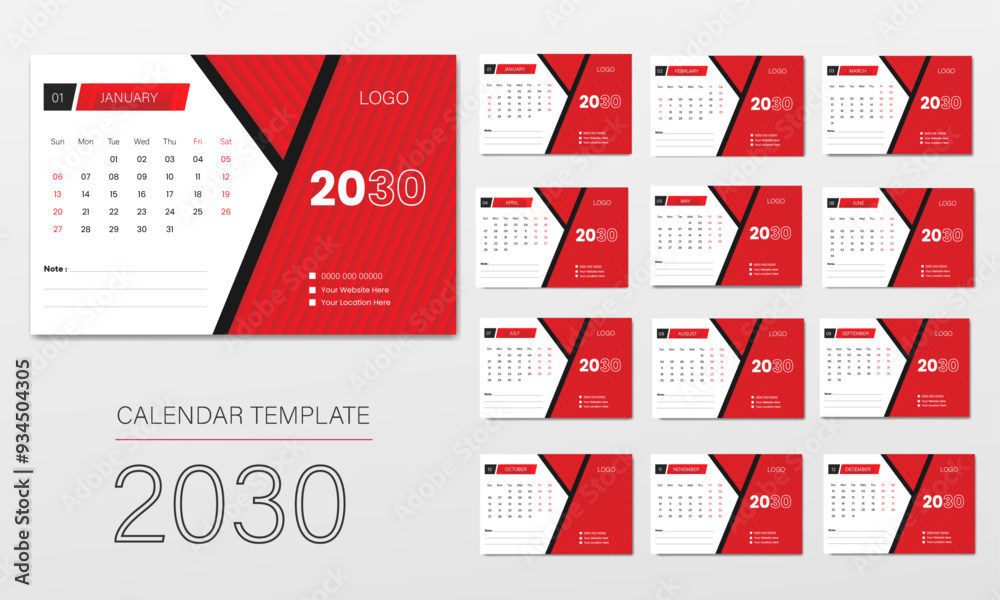 Desk calendar for 2030 year in clean minimal style design. Corporate ...