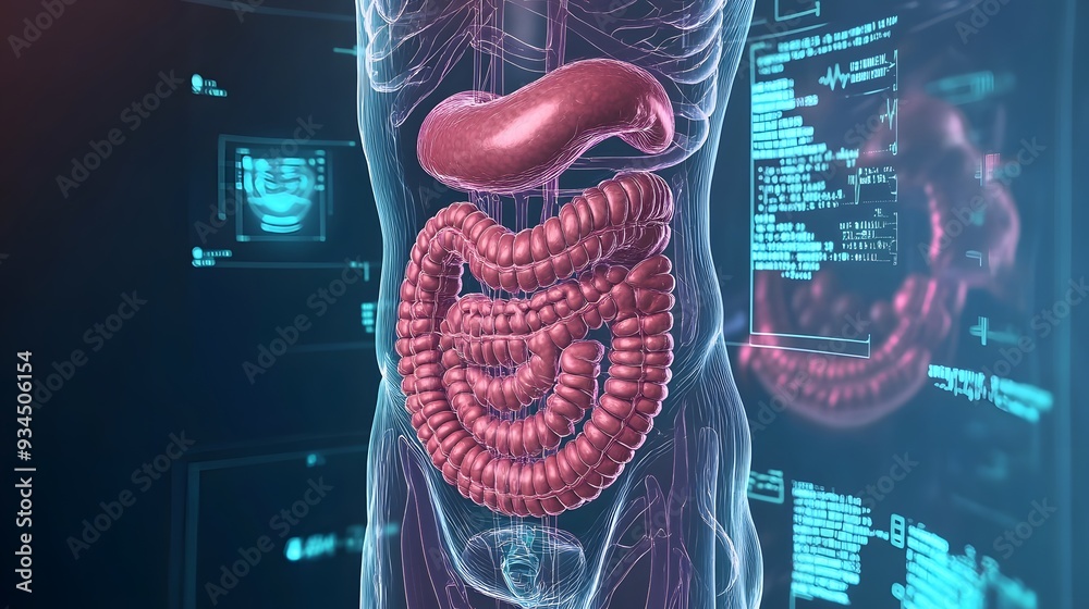 An illustration of the human intestinal system showing the entire ...