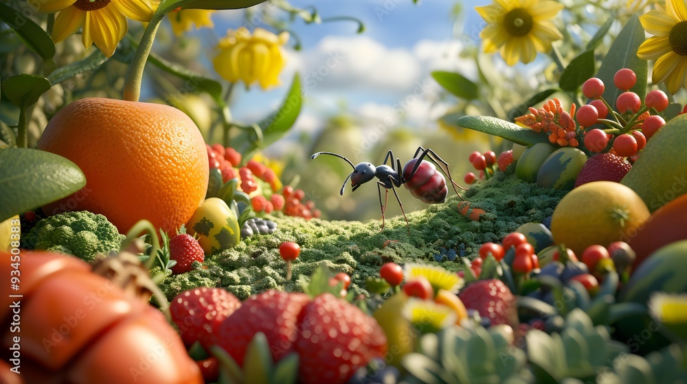 An ant journeying across a colossal landscape of fruits and vegetables ...