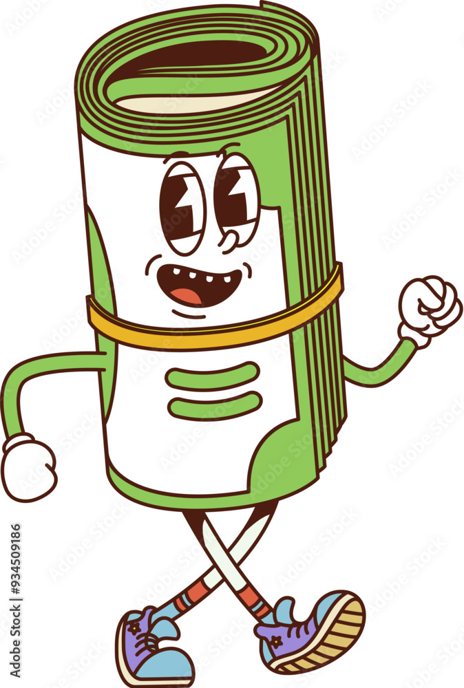 Cartoon rolled banknote retro groovy finance character. Isolated vector ...