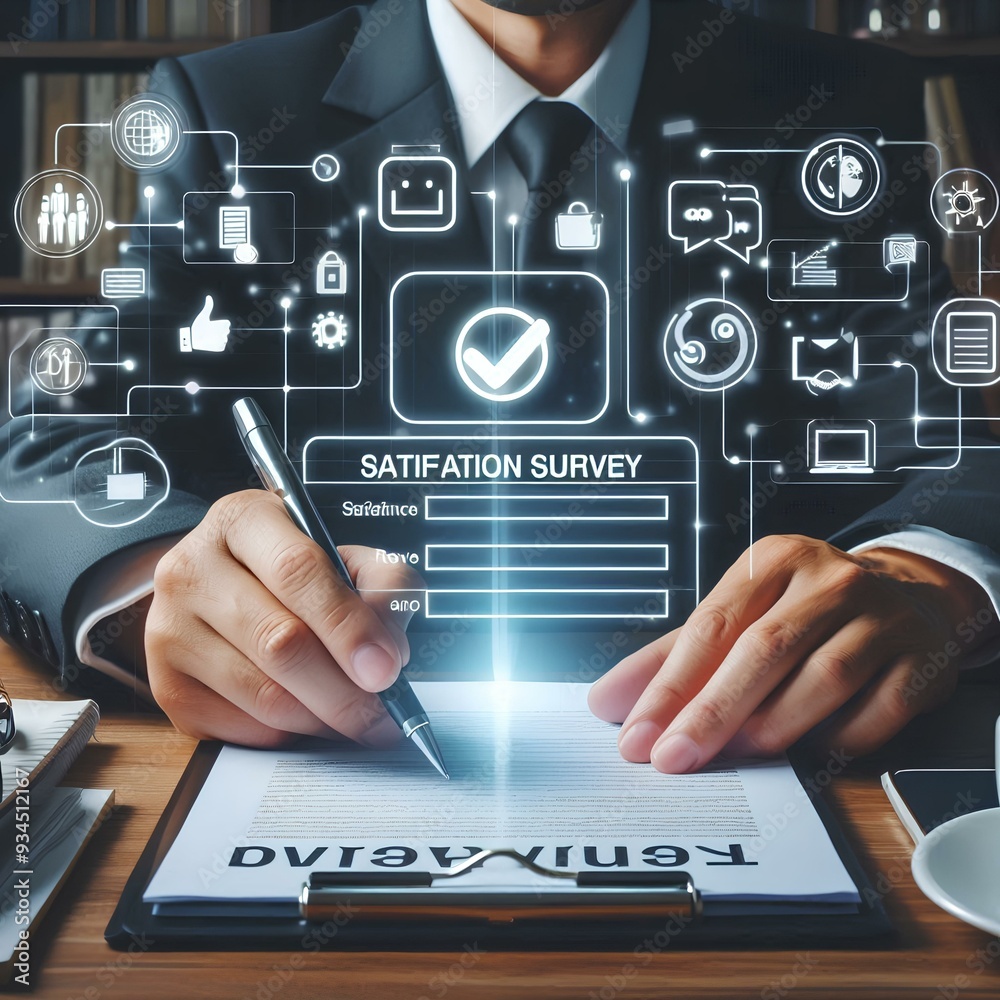 Survey Online concept. Satisfaction survey. Businessman pointing to ...