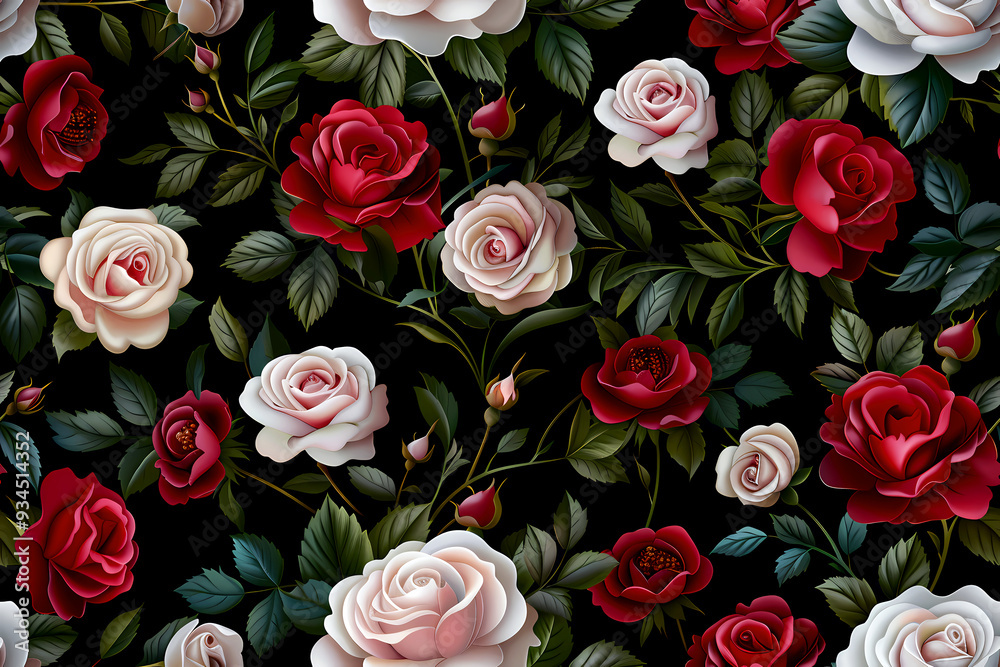 Seamless embroidery red and white roses pattern on black background ...