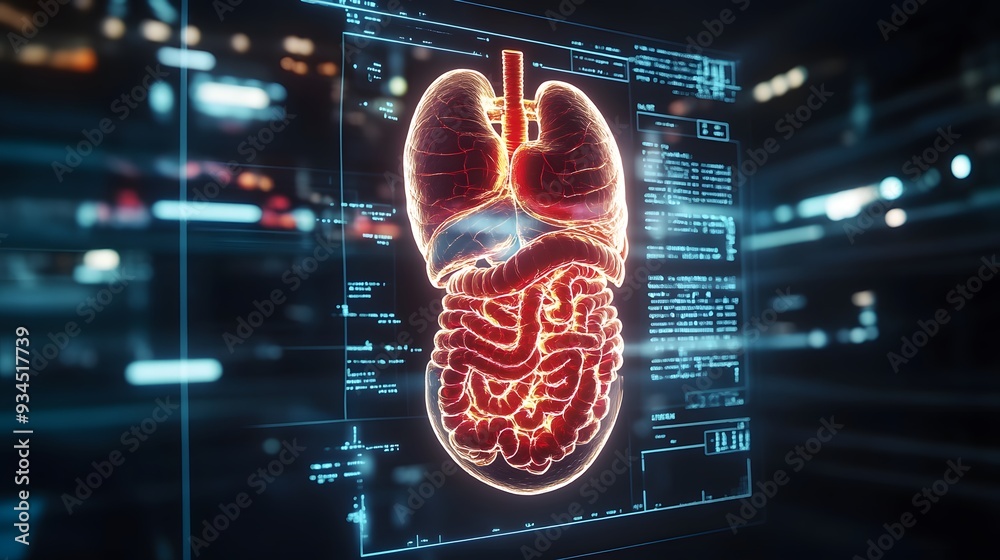 A holographic display of the human digestive system, showcasing the ...