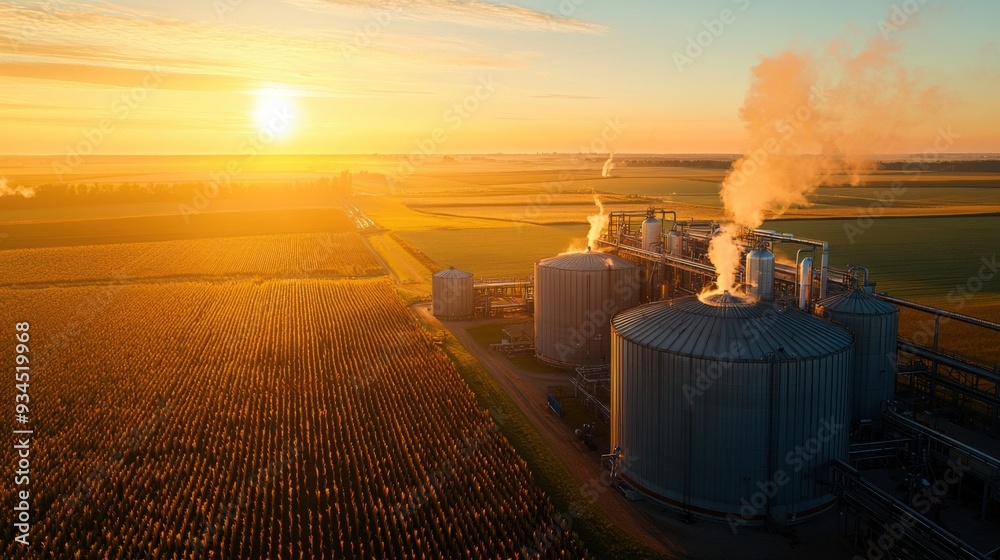 Detailed overhead photograph of an ethanol plant in a rural setting ...