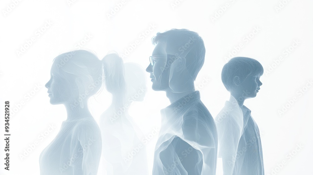 Subtle overlapping transparent silhouettes of human figures, including ...