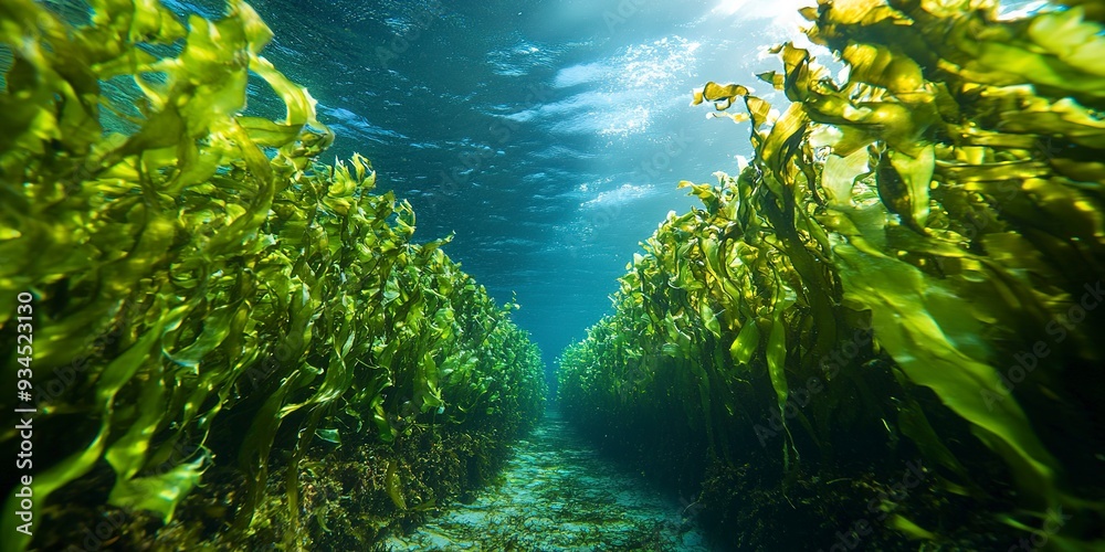 Sunlight bathes an underwater seaweed farm, rows of vibrant greenery ...