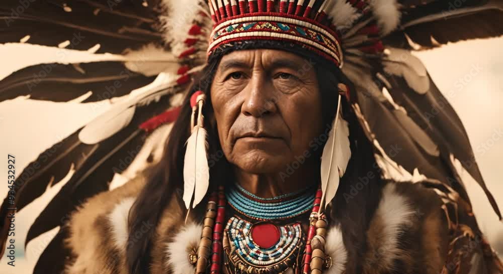 Chief in Blackfoot regalia adorned with feathers symbolizing Native ...