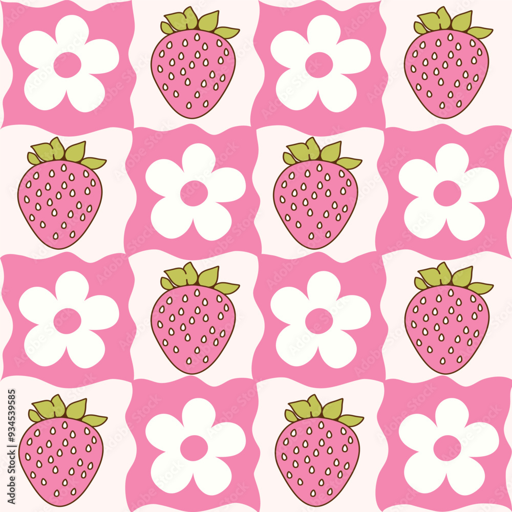 Seamless pattern of pink strawberry groovy checkered. It's a pattern ...