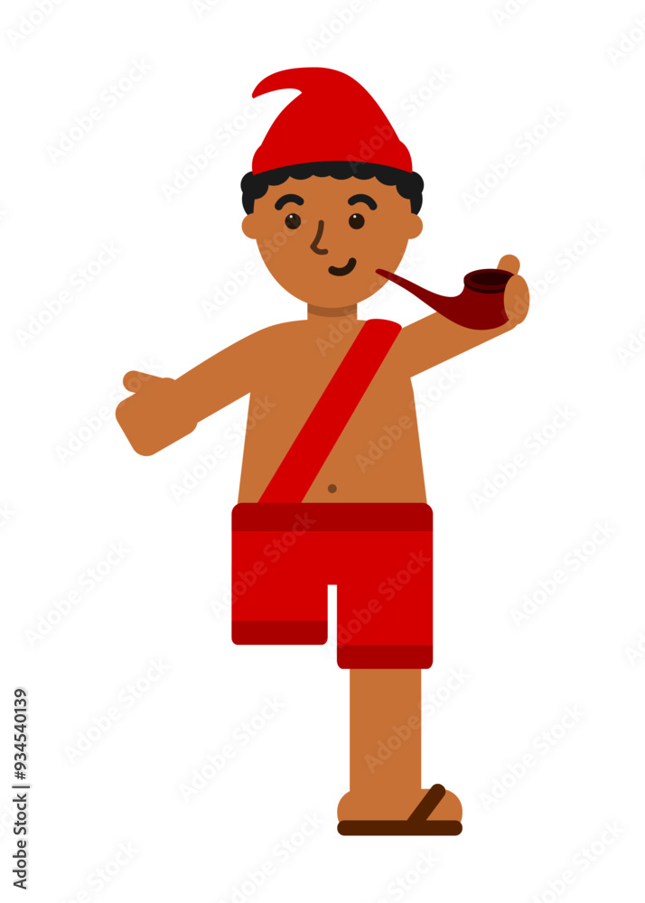 Brazilian folklore Saci Perere character. One leg black skin boy in red ...