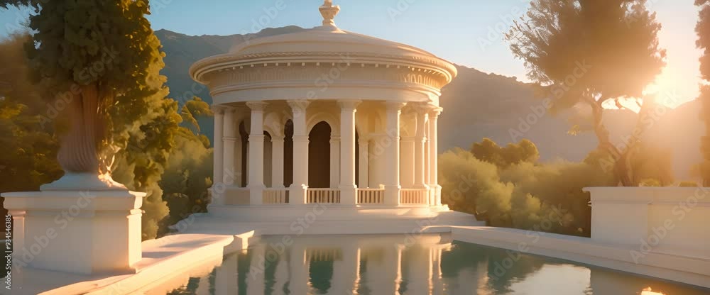 The majestic marble pavilion, with golden sunlight shining on the olive ...