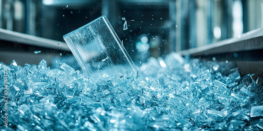 Details with shards of glass falling from a conveyor belt on a pile in ...