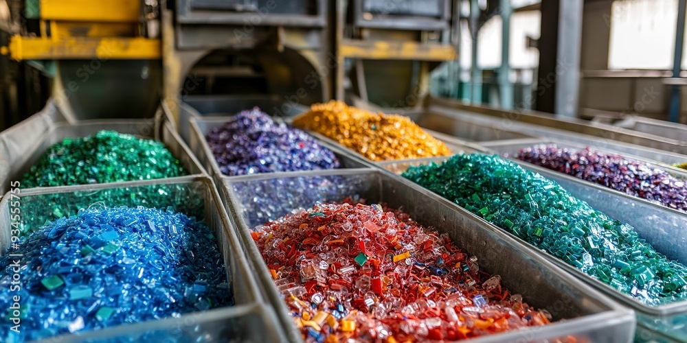 Inside a plastic recycling area, with colorful plastic flakes in ...