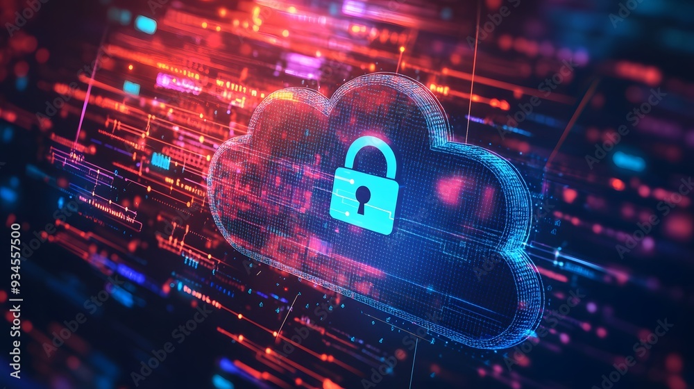 An abstract illustration featuring a stylized cloud icon with a secure padlock symbol integrated ...