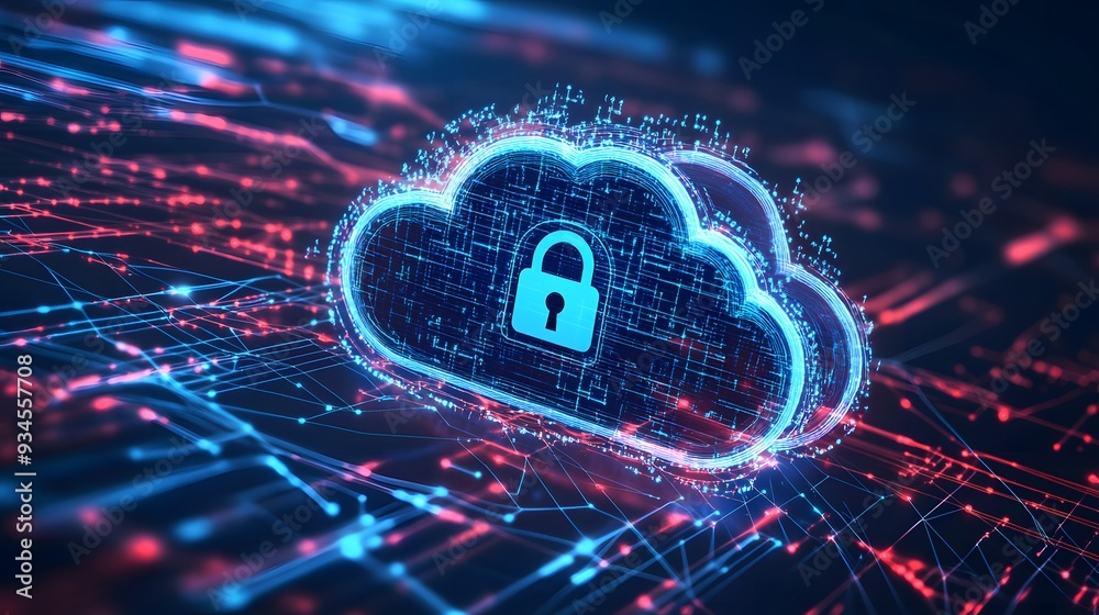 An abstract illustration featuring a stylized cloud icon with a secure ...