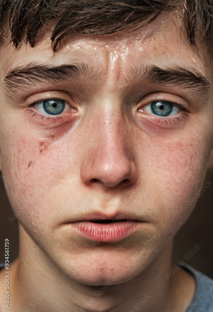 sad crying child, one boy, tears rolling down face, close up portrait ...