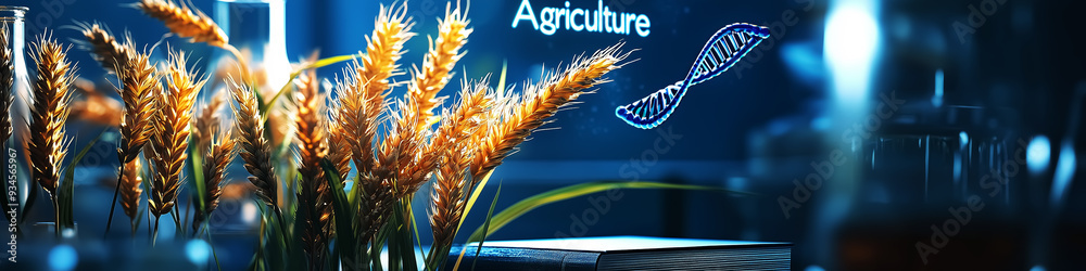 A modern agriculture research scene showcasing golden wheat and DNA ...