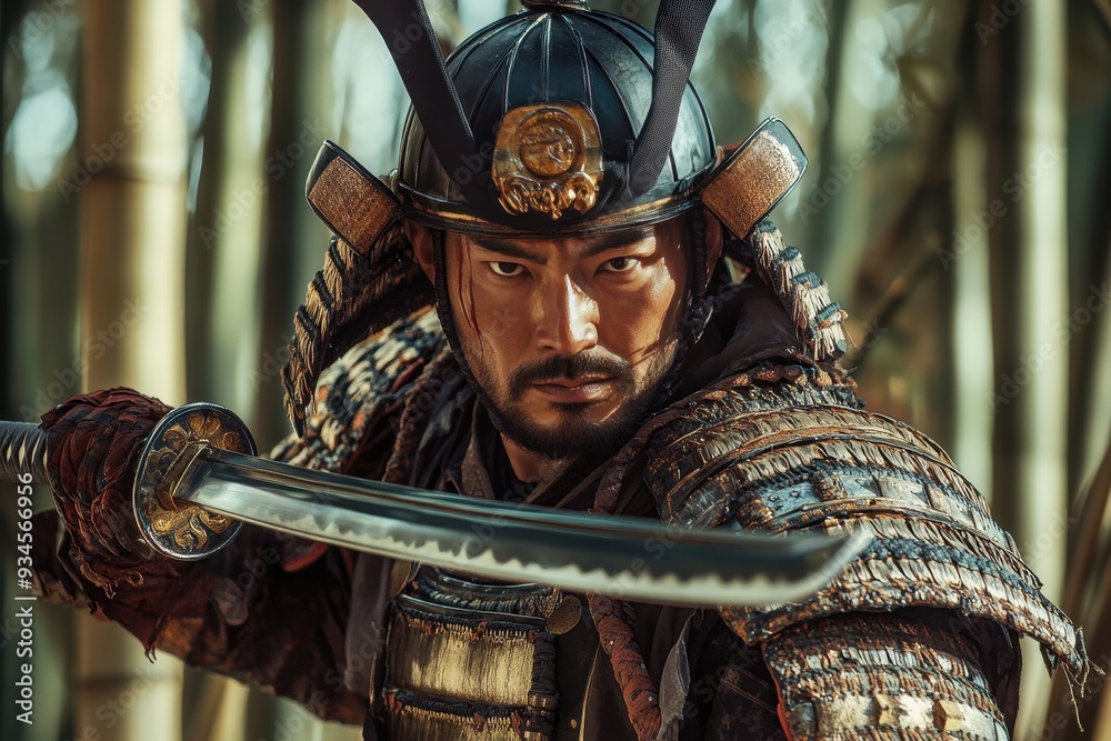 Samurai Warrior in Traditional Armor Holding Katana Sword in Bamboo ...