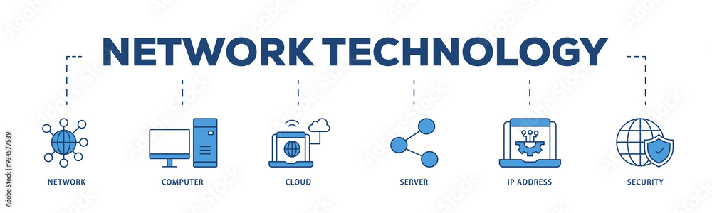 Network technology icons process structure web banner illustration of network, computer, cloud ...