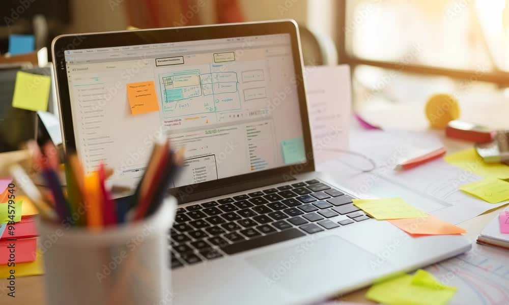 Open laptop with project planning interface and sticky notes Stock ...