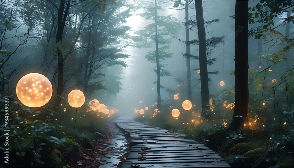Mindful Forest Walk A serene, misty forest path with floating, glowing ...